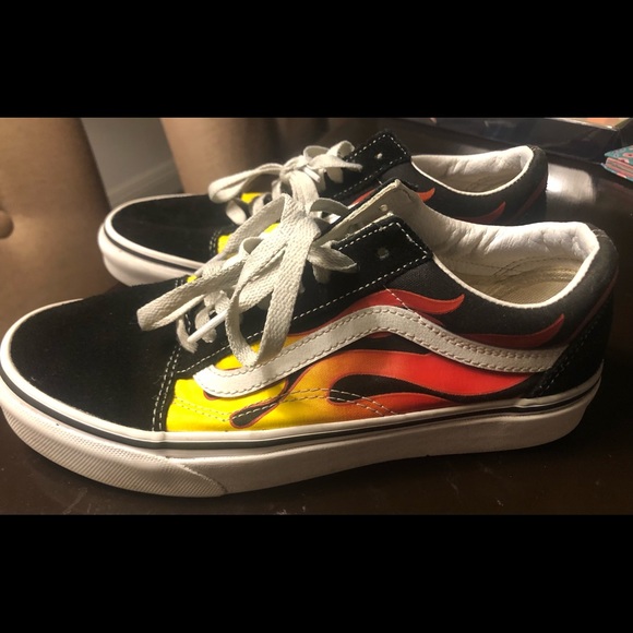 Vans | Shoes | Vans Old Skool Red Yellow Flames Black Shoes Mens Size ...